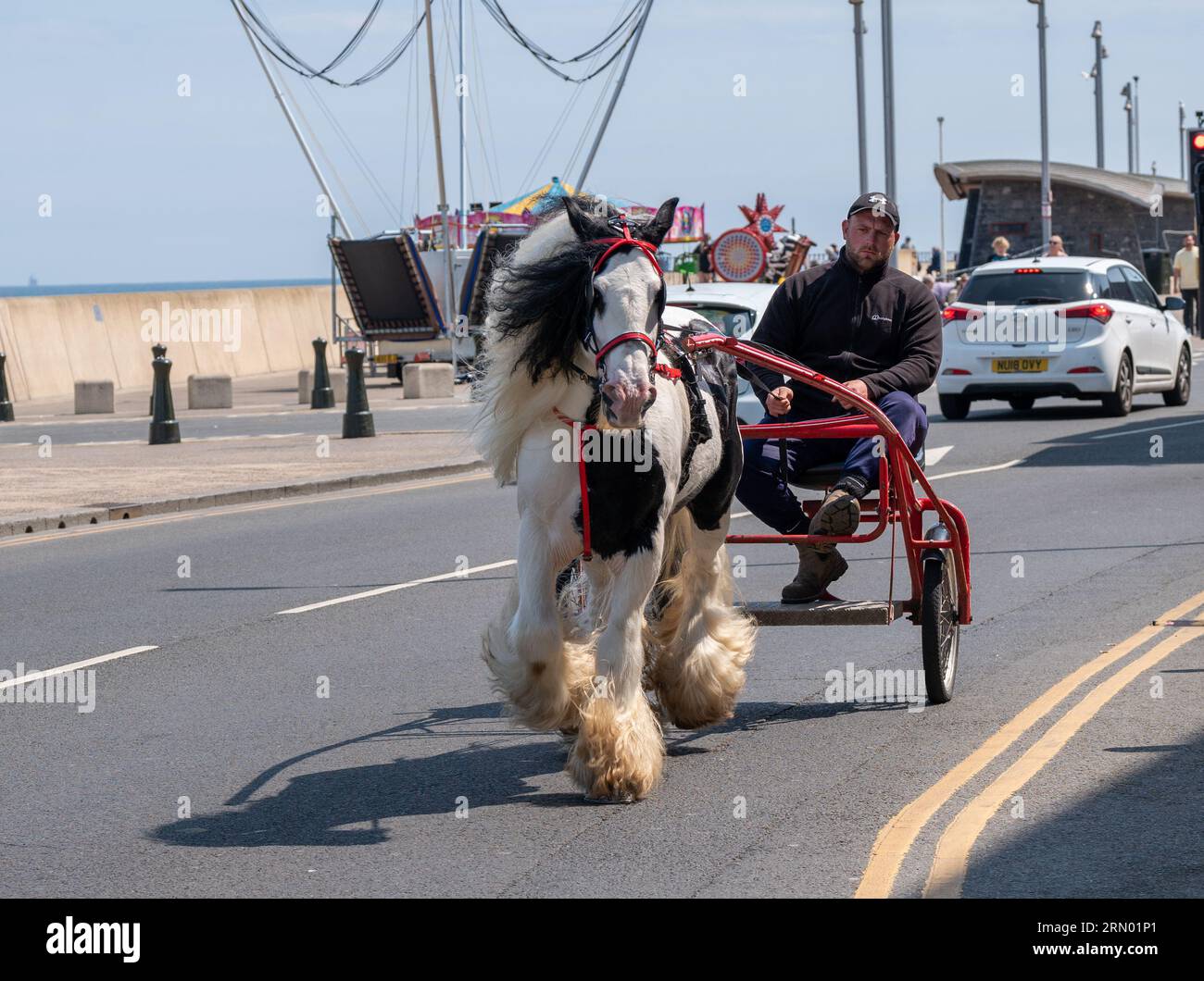 Gypsy rides horse and trap in Redcar UK Stock Photo - Alamy