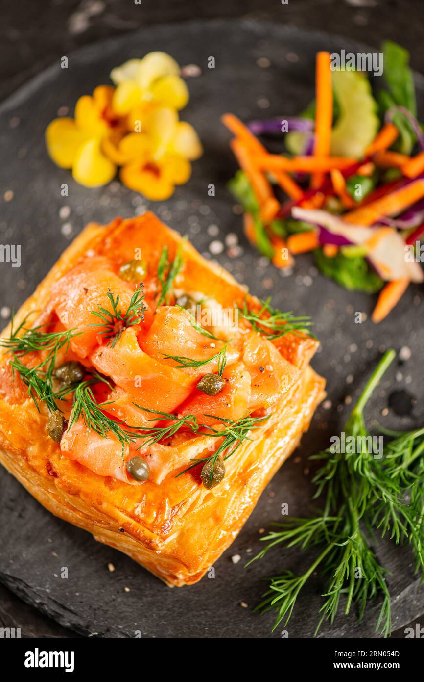 Golden baked homemade Danish pastry with cream cheese, smoked salmon ...