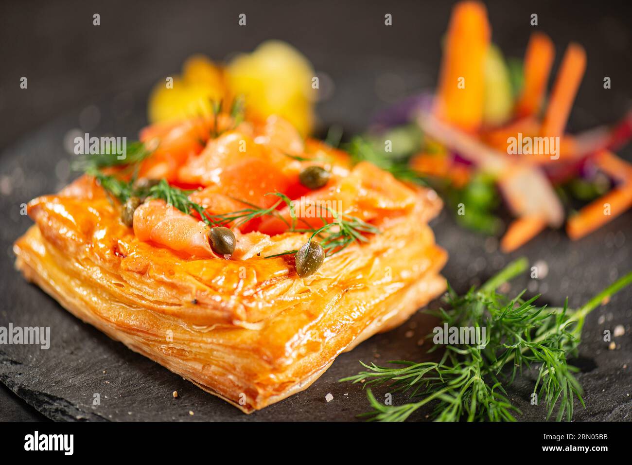 Golden baked homemade Danish pastry with cream cheese, smoked salmon ...