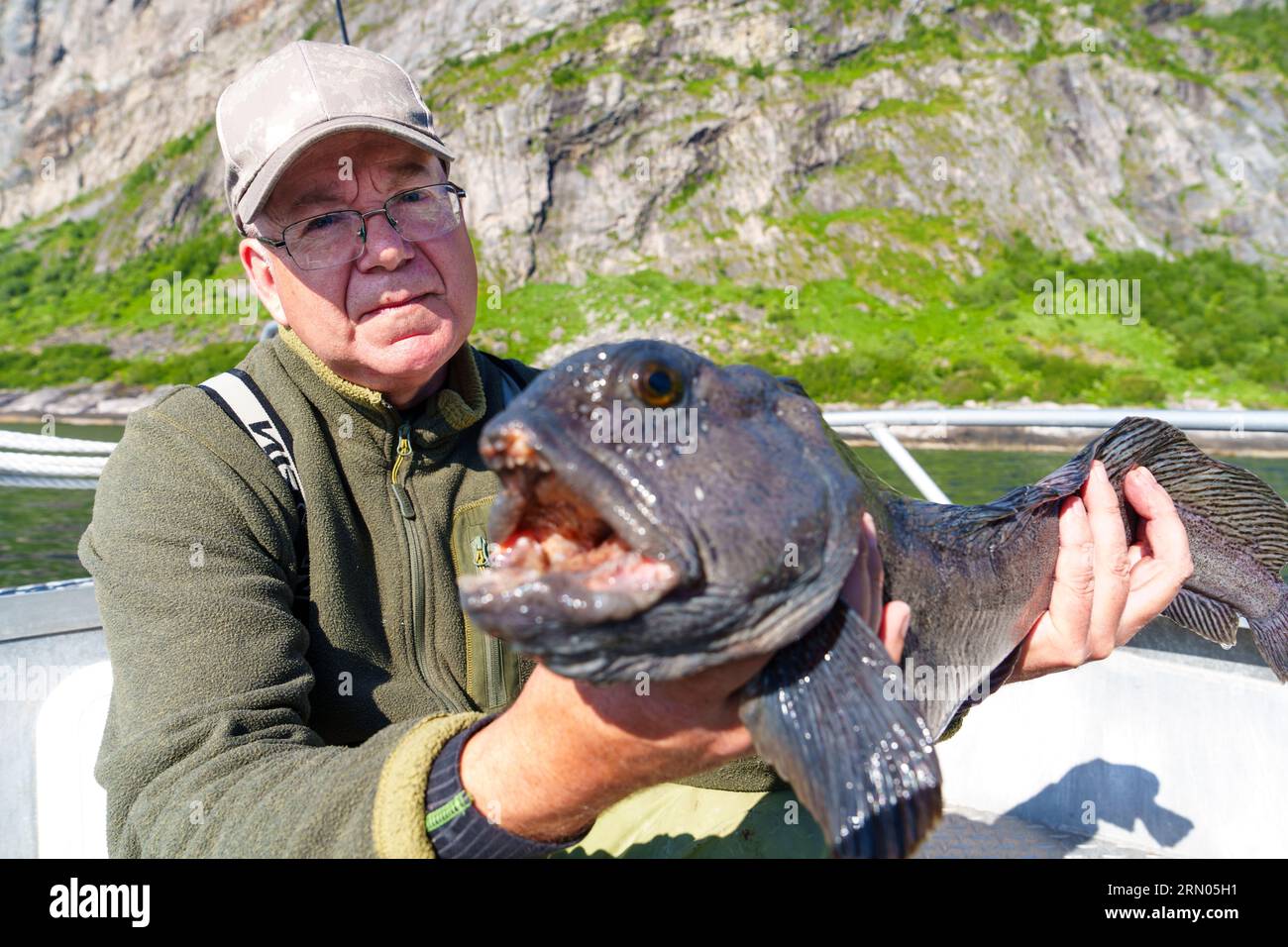Fisherman with big wolffish near Lofoten, Senija, Alta Norway. Man ...