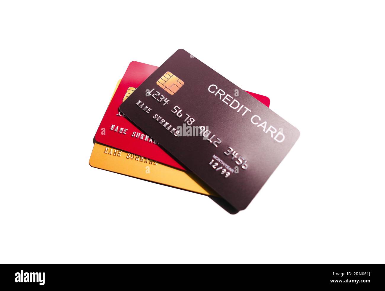 Credit card pile on white background. close up of several credit or ...