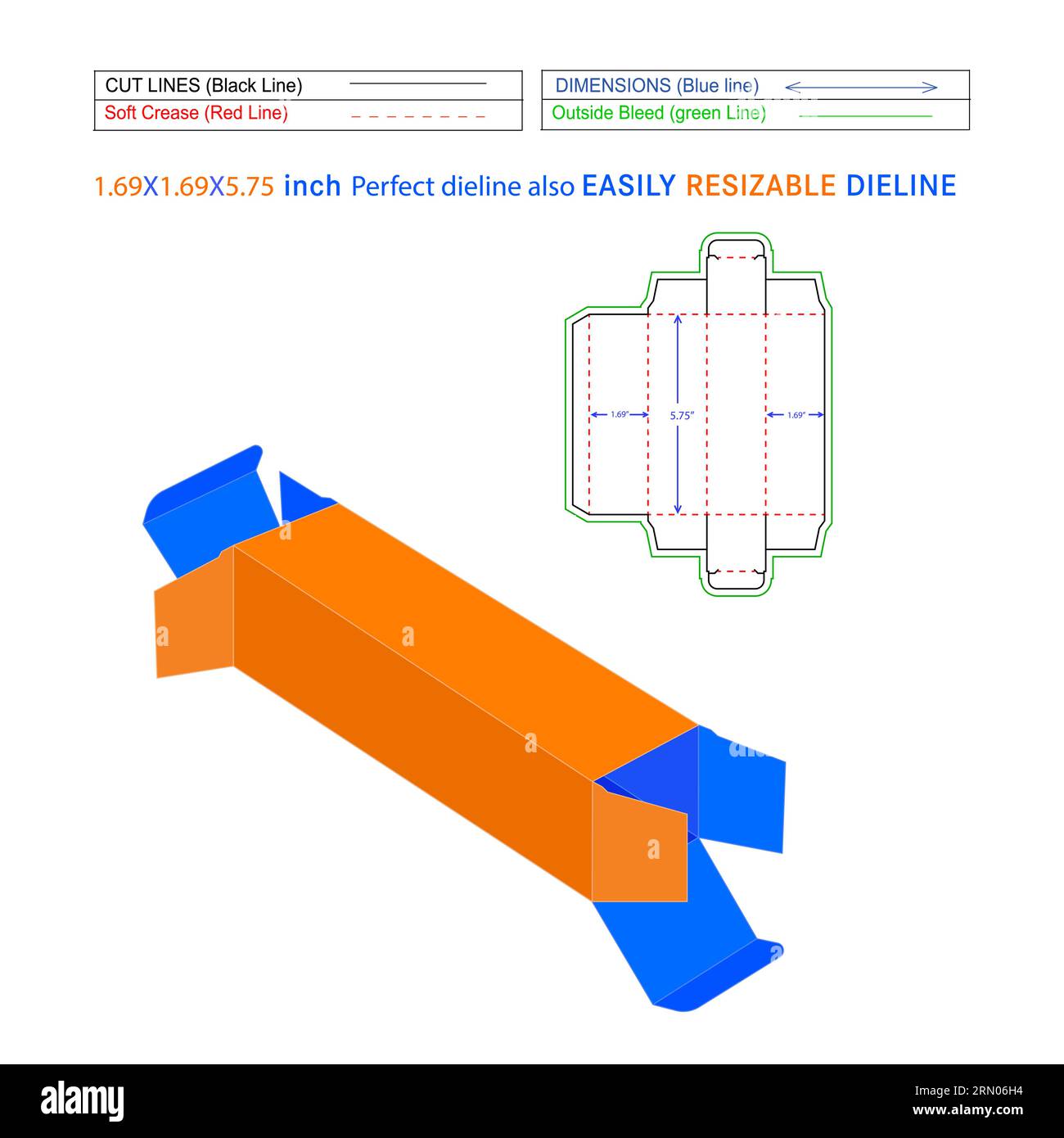 Straight tuck end boxes 1.69X1.69X5.75 inch Die line template and 3D ...