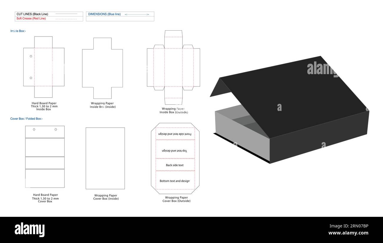 Rigid box die line template with magnetic closure and 3D box for mock ...