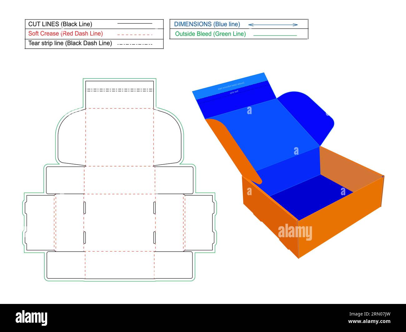 Mailer paper box with front side adhesive tape and tear stripe die line ...