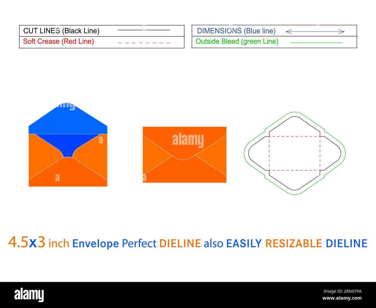 Plain mini envelope 4.5x3 inch die line template and 3D envelope ...