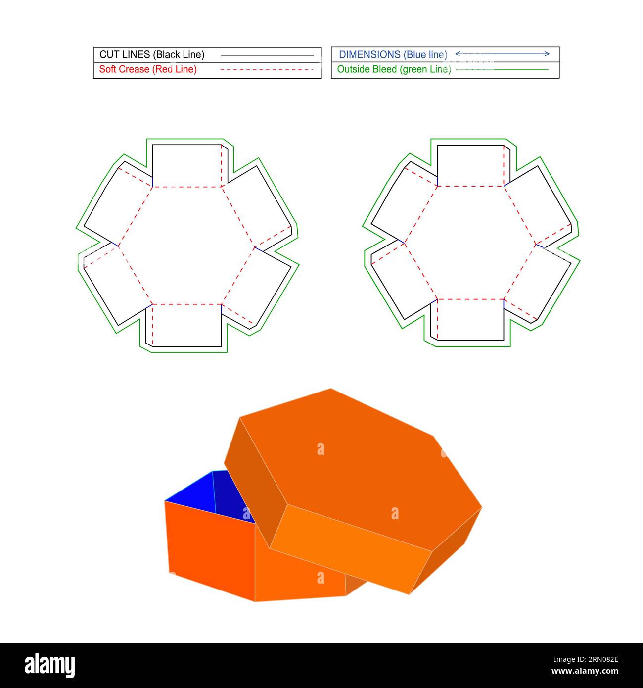 Hexagon box die line template and 3d render, editable and resizeable ...