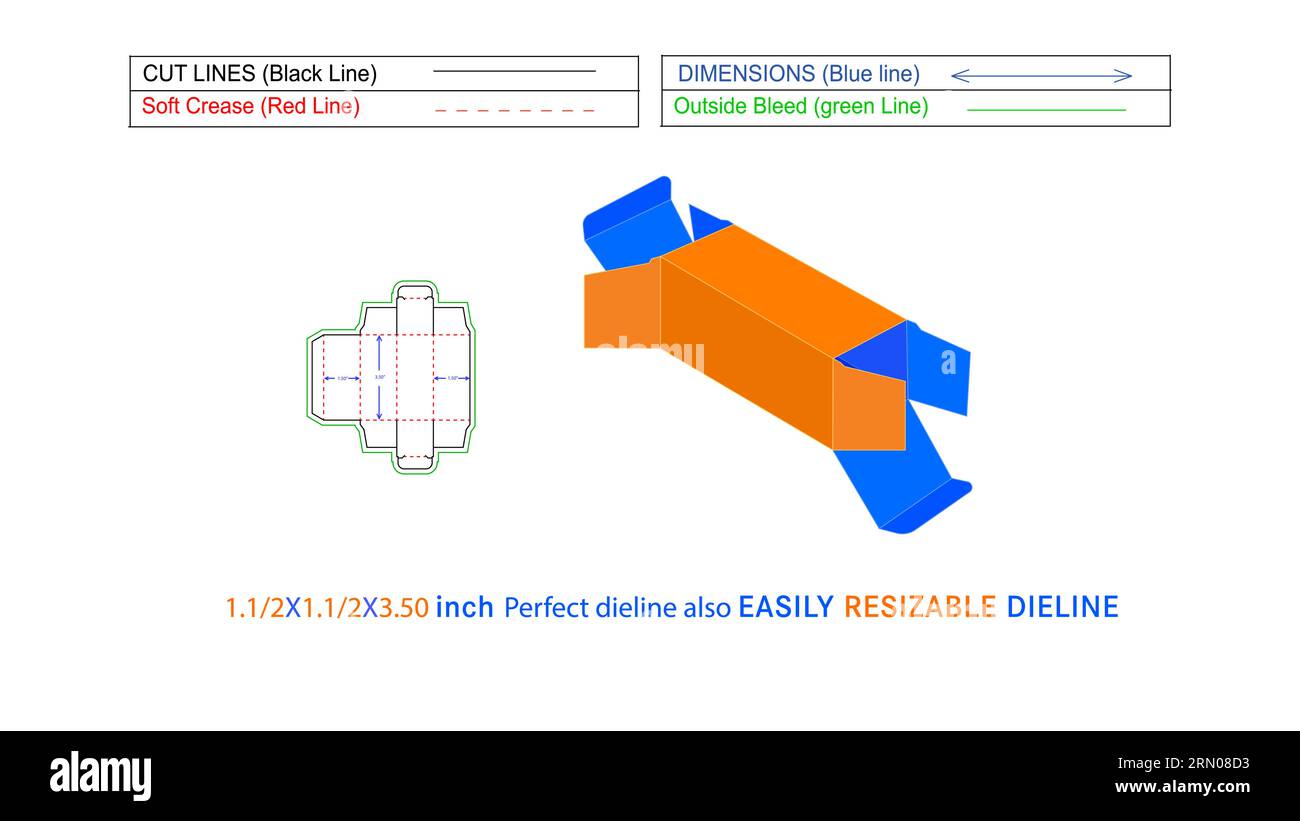 Custom Straight tuck end box 1.50X1.50X3.50 inch Die line template and ...