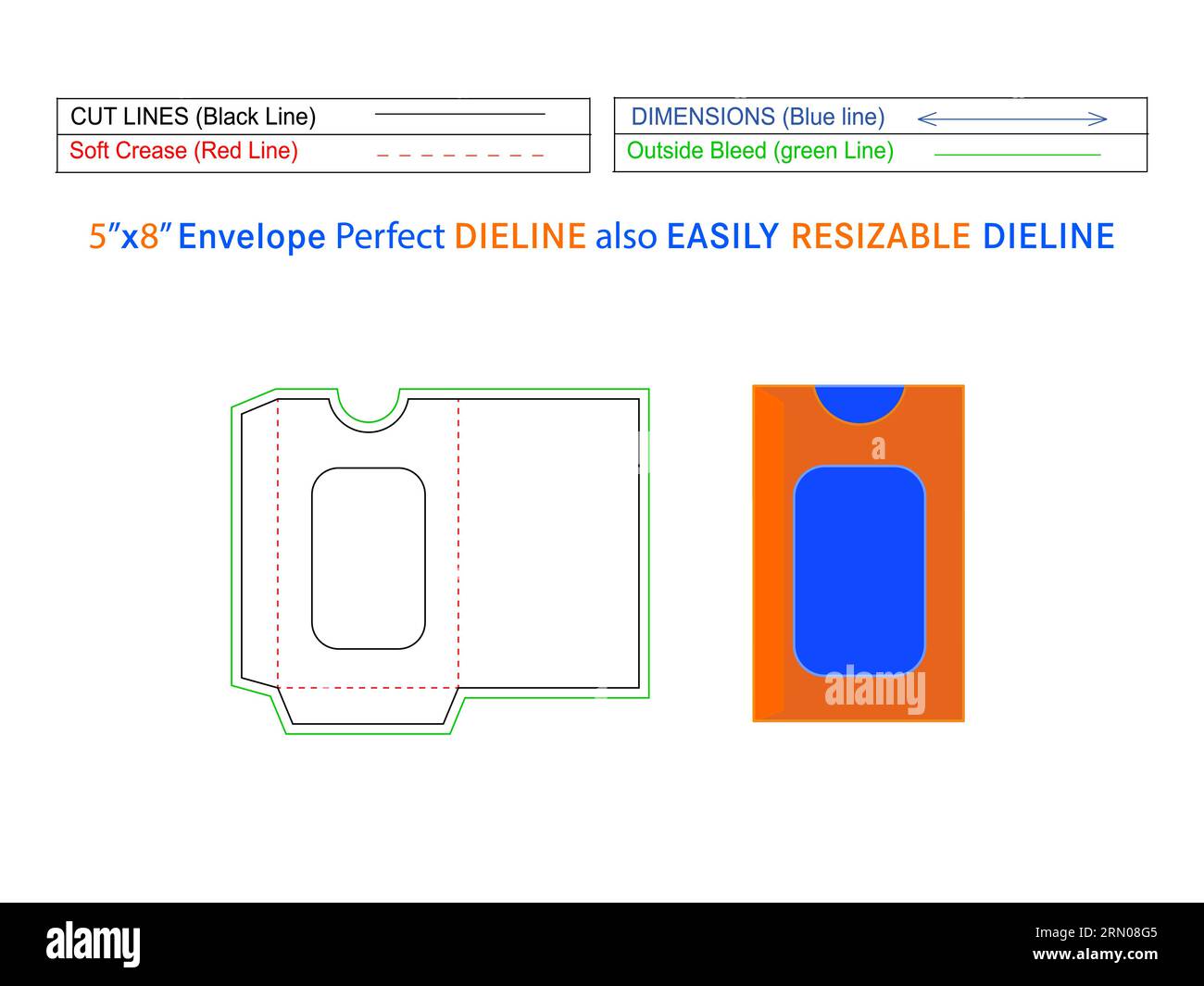 Custom invitation display envelope 5x8 inch die line template and 3D ...
