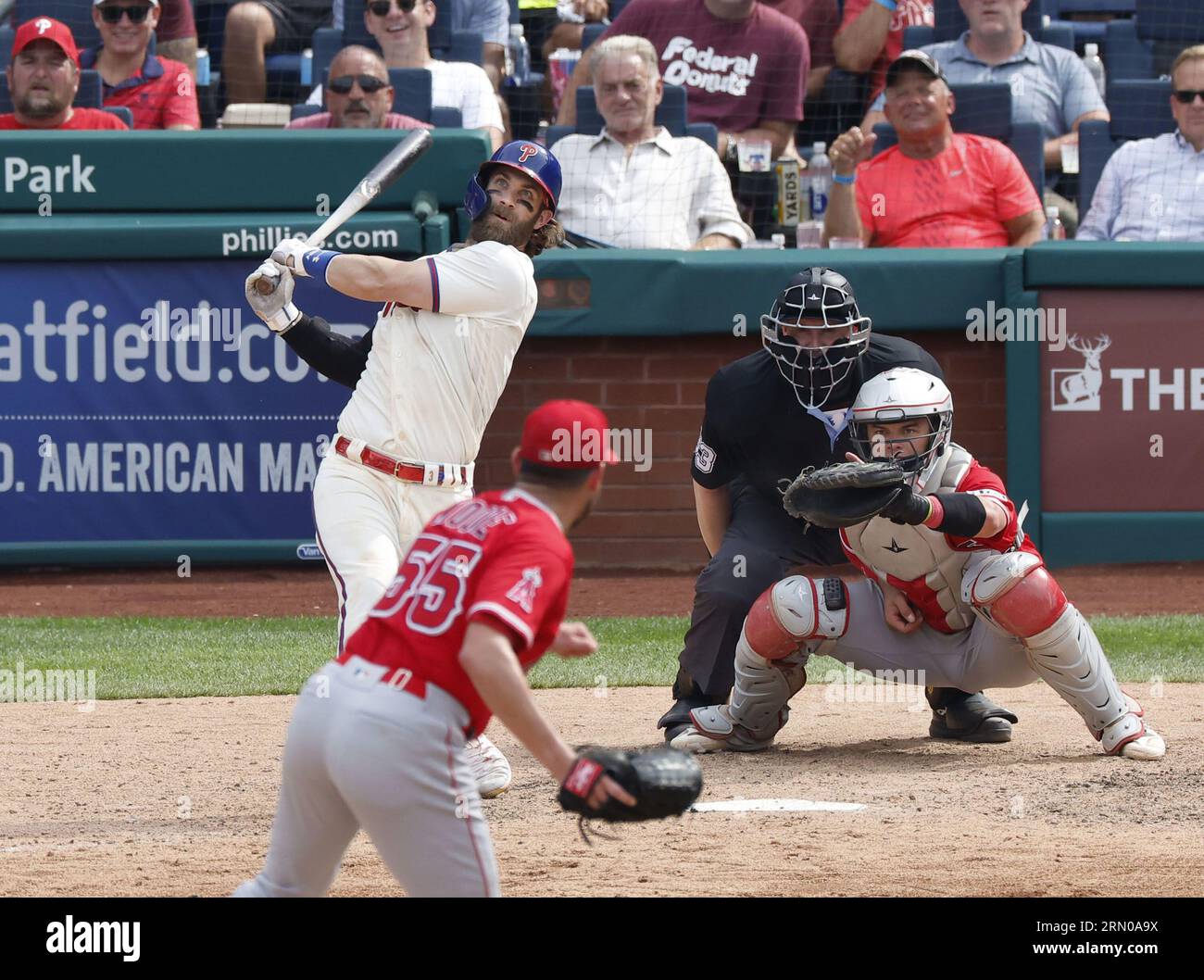 Bryce Harper of the Philadelphia Phillies hits his 300th career home run off Los Angeles Angels ...