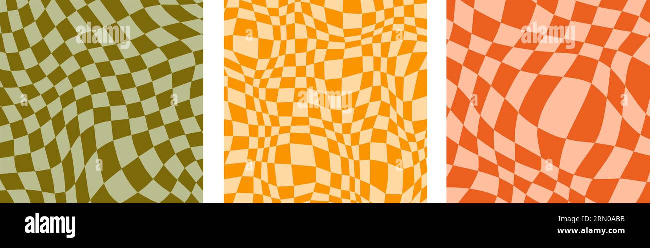 Groovy checkerboard background set. Colorful retro wavy checkered pattern collection. Vintage ...