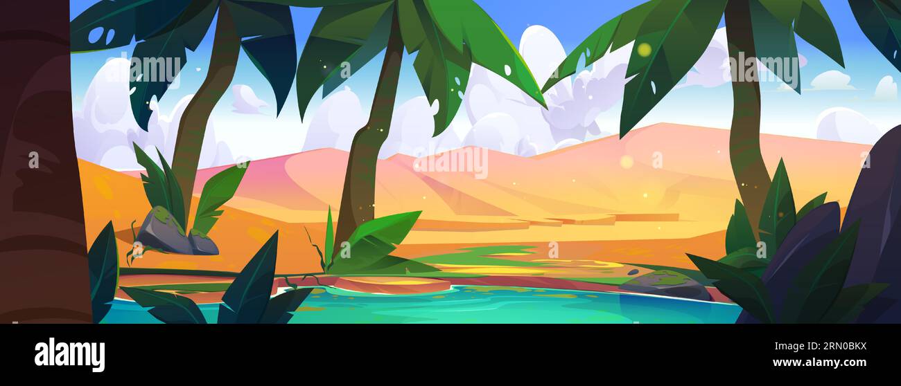 Oasis lake under palm trees in sandy desert. Vector cartoon ...