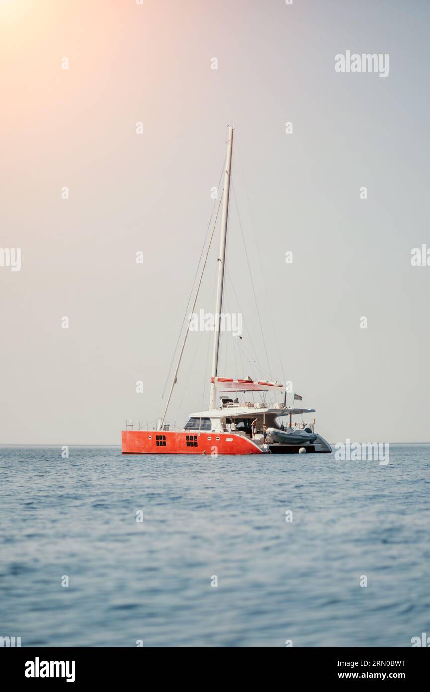 yacht on calm sea. Luxury cruise trip. View from above of white Stock ...