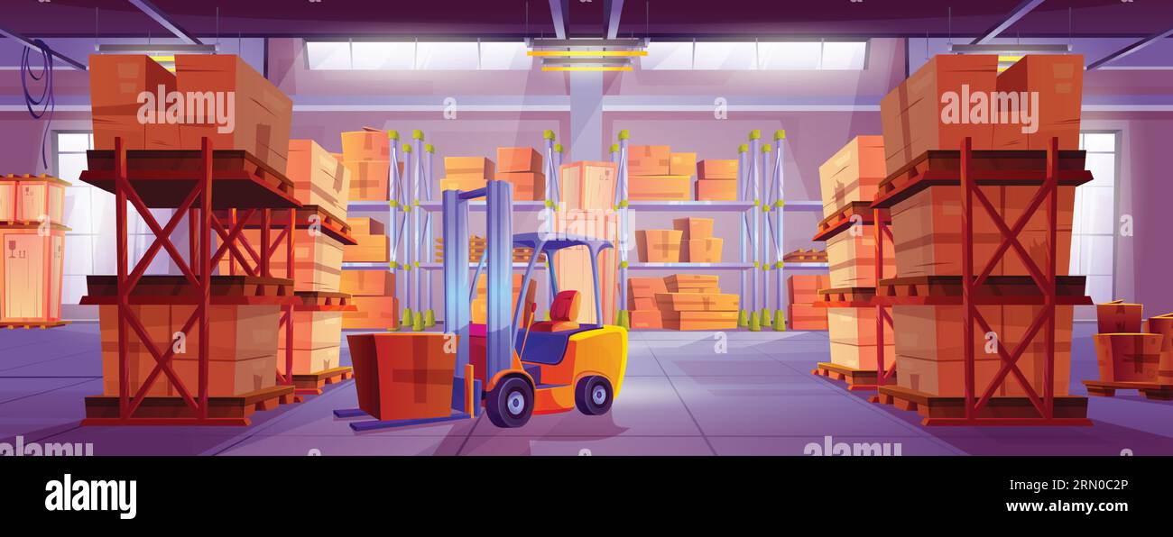 Warehouse interior with cardboard and wooden boxes and containers on ...