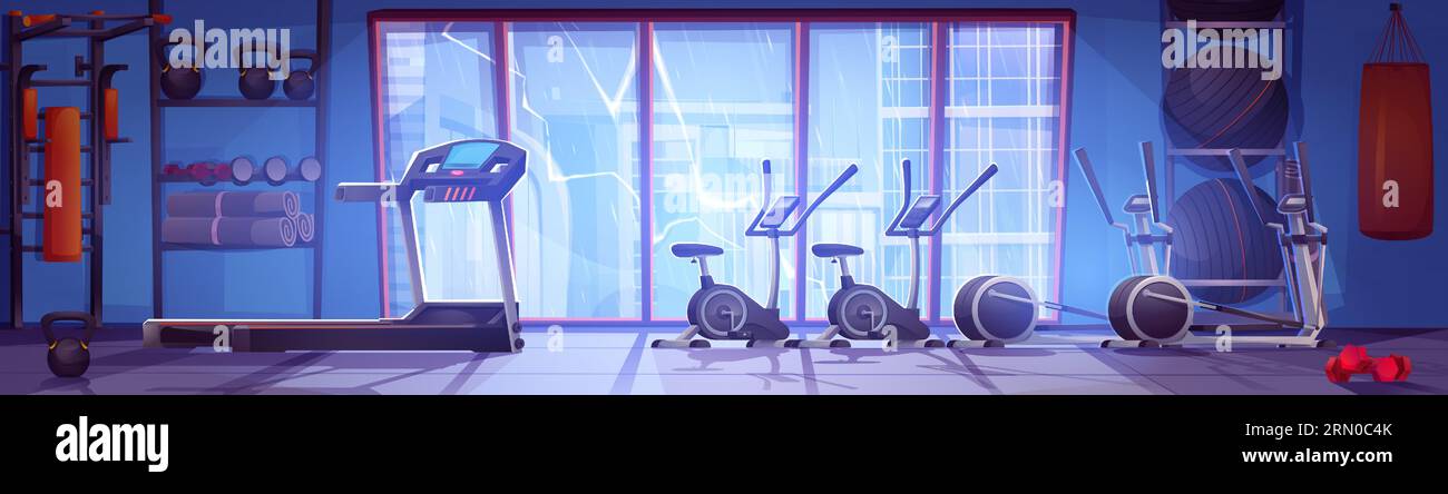 Cartoon gym with equipment, rainy cityscape view in window. Vector ...