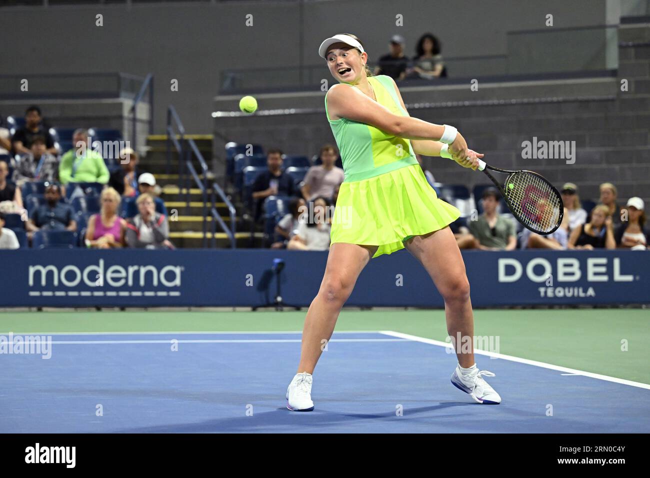 Jelena Ostapenko in action during a women's singles match at the 2023 ...