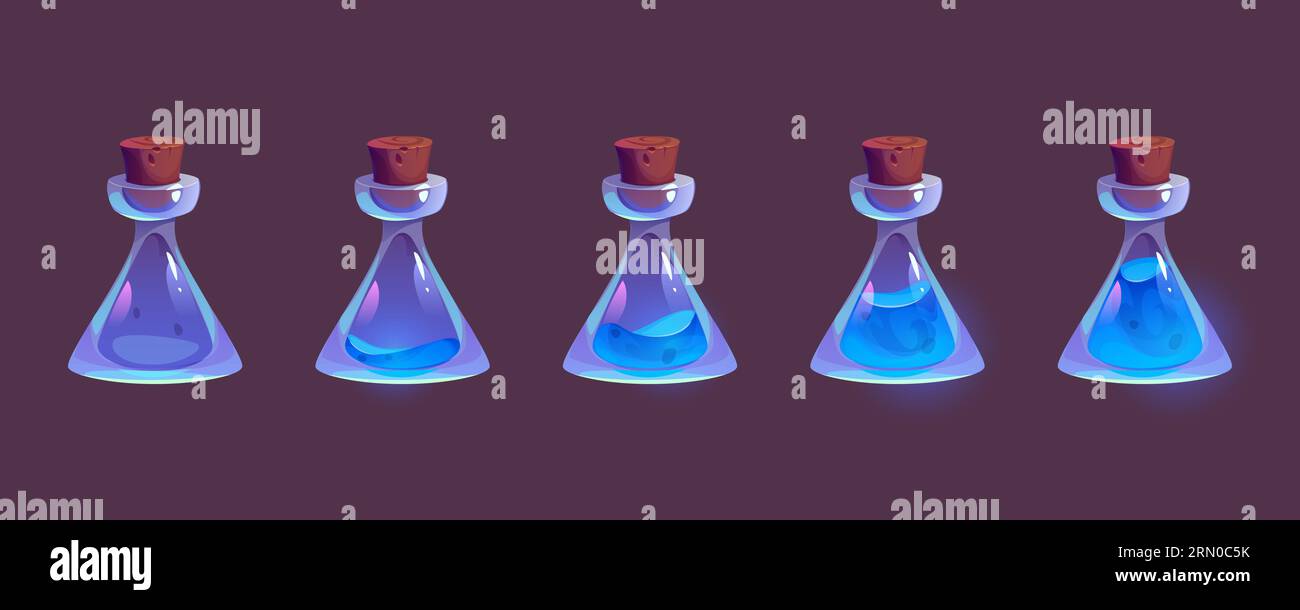 Glass bottles with blue magic elixir isolated on background. Vector ...