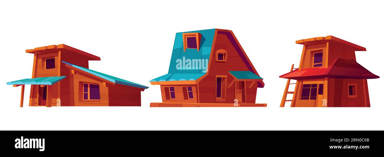 Wooden cabin house cartoon vector illustration set. Small forest shack ...