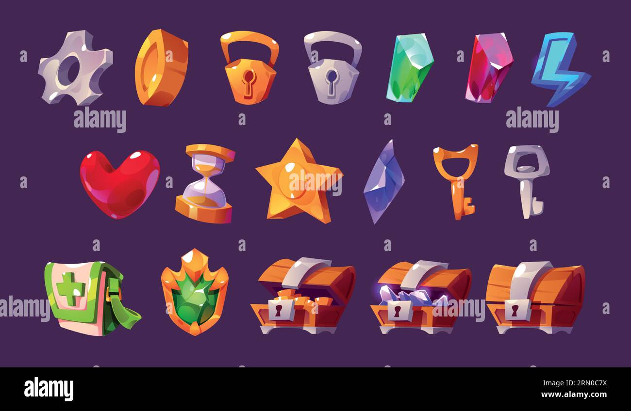 Game icon kit - cartoon vector gui assets set of lock and key, blue ...