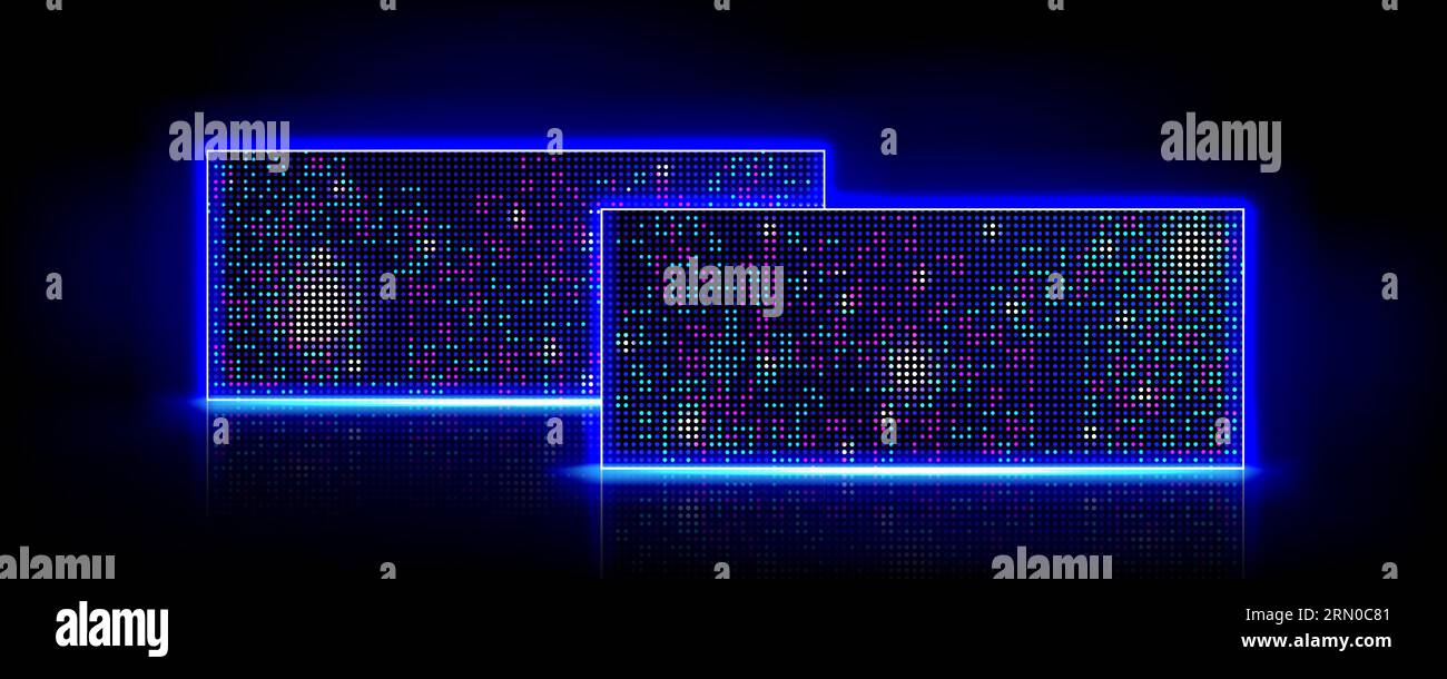 Led screen pixel light display stage background. Blue neon tv monitor ...