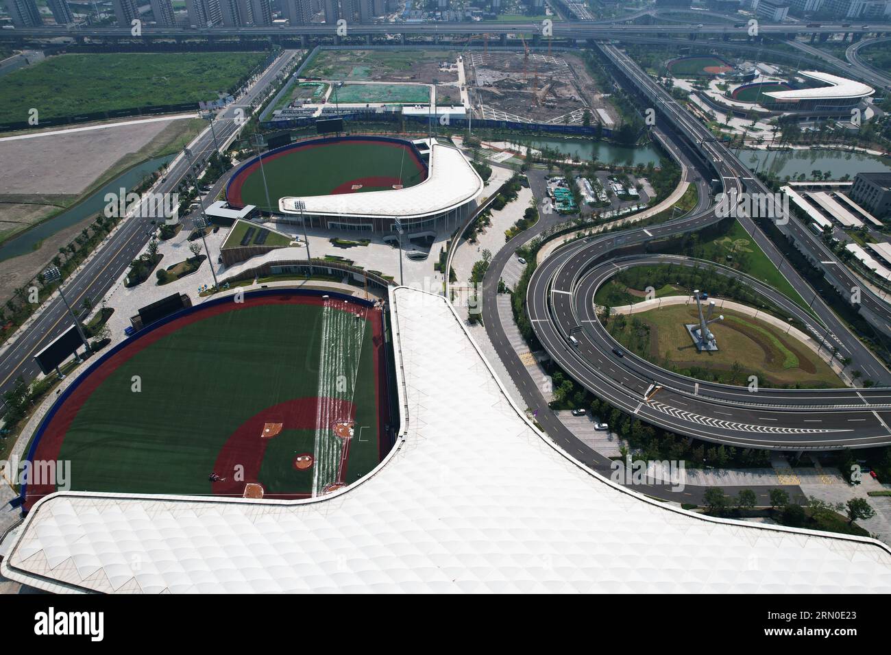 Aerial photo shows the Shaoxing Baseball Sports Culture Center in ...