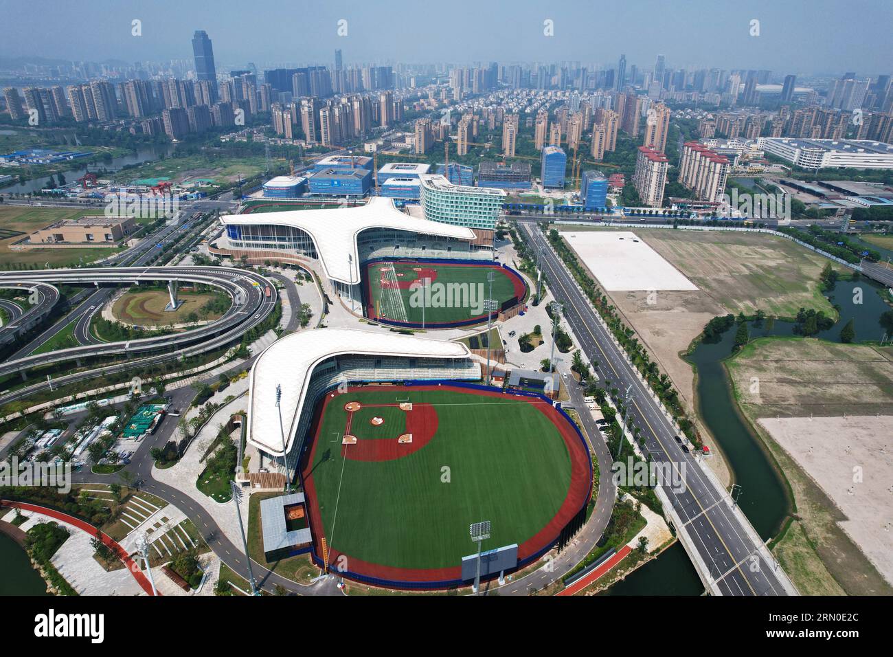 Aerial photo shows the Shaoxing Baseball Sports Culture Center in ...