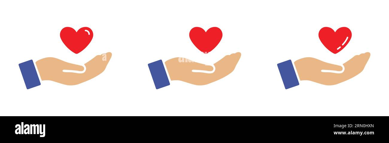 Red heart icon symbols on hand in glossy style set of three. Red heart ...