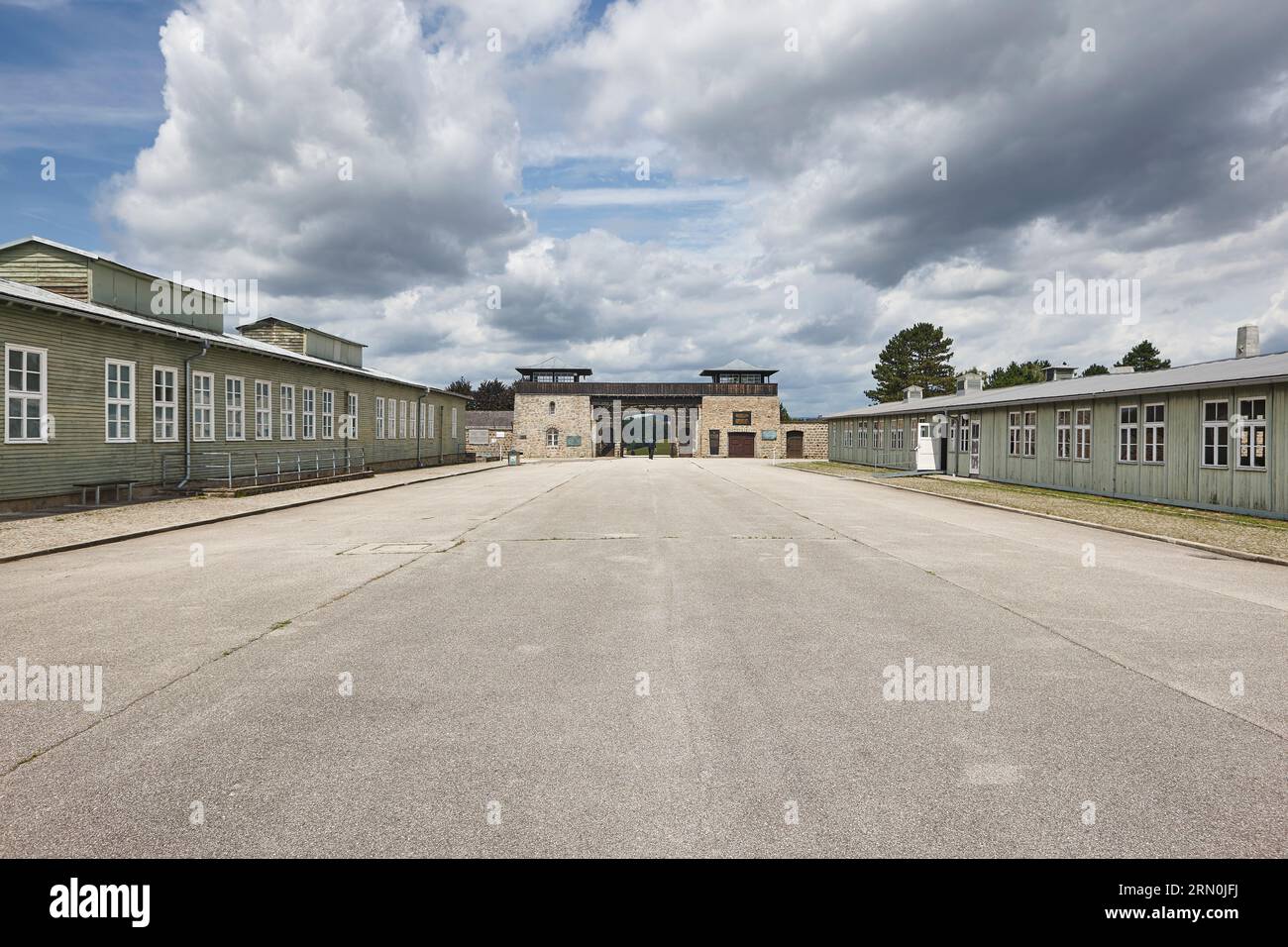 Mauthausen memorial concentration camp. Barracks, roll call square ...