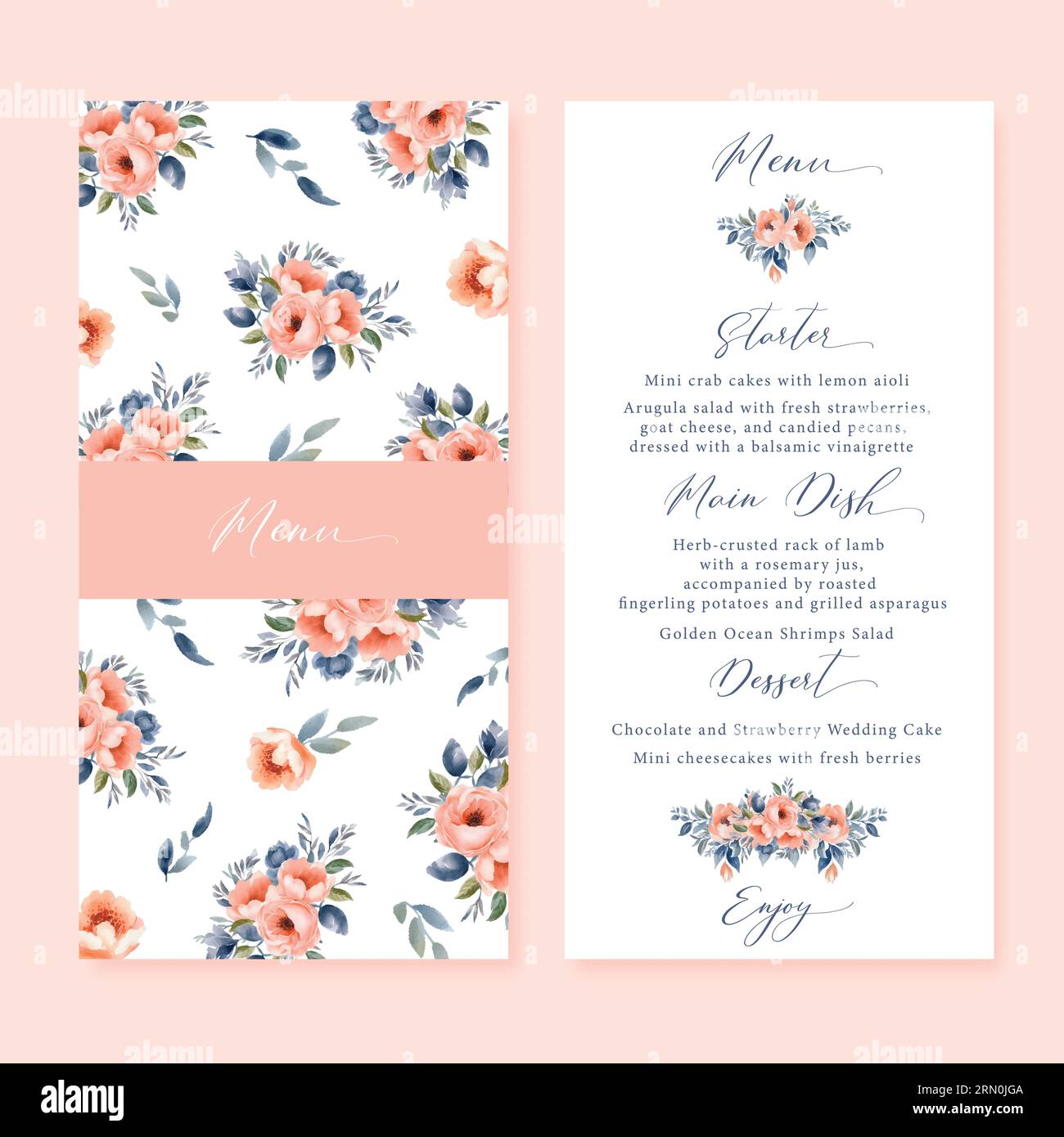 Watercolor floral wedding menu cards with pastel peach Rose flowers ...