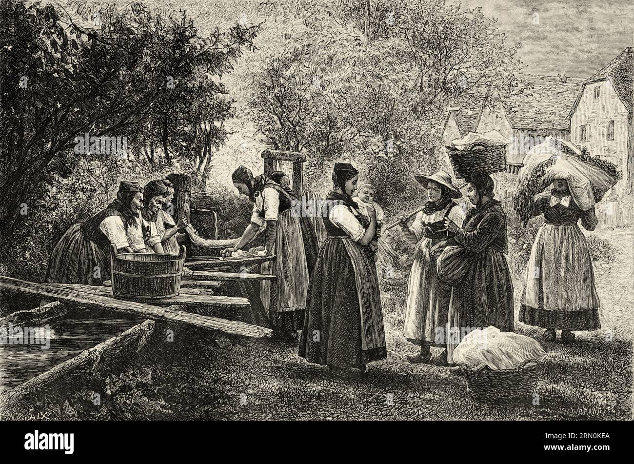 Women washing clothes in a public laundry in Metzeral, Alsace-Lorraine ...
