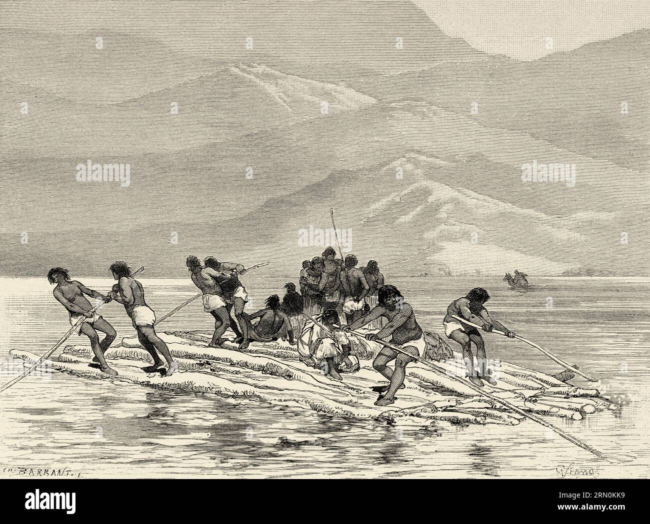 Native Indians sailing a traditional Indian raft down the river. Peru ...