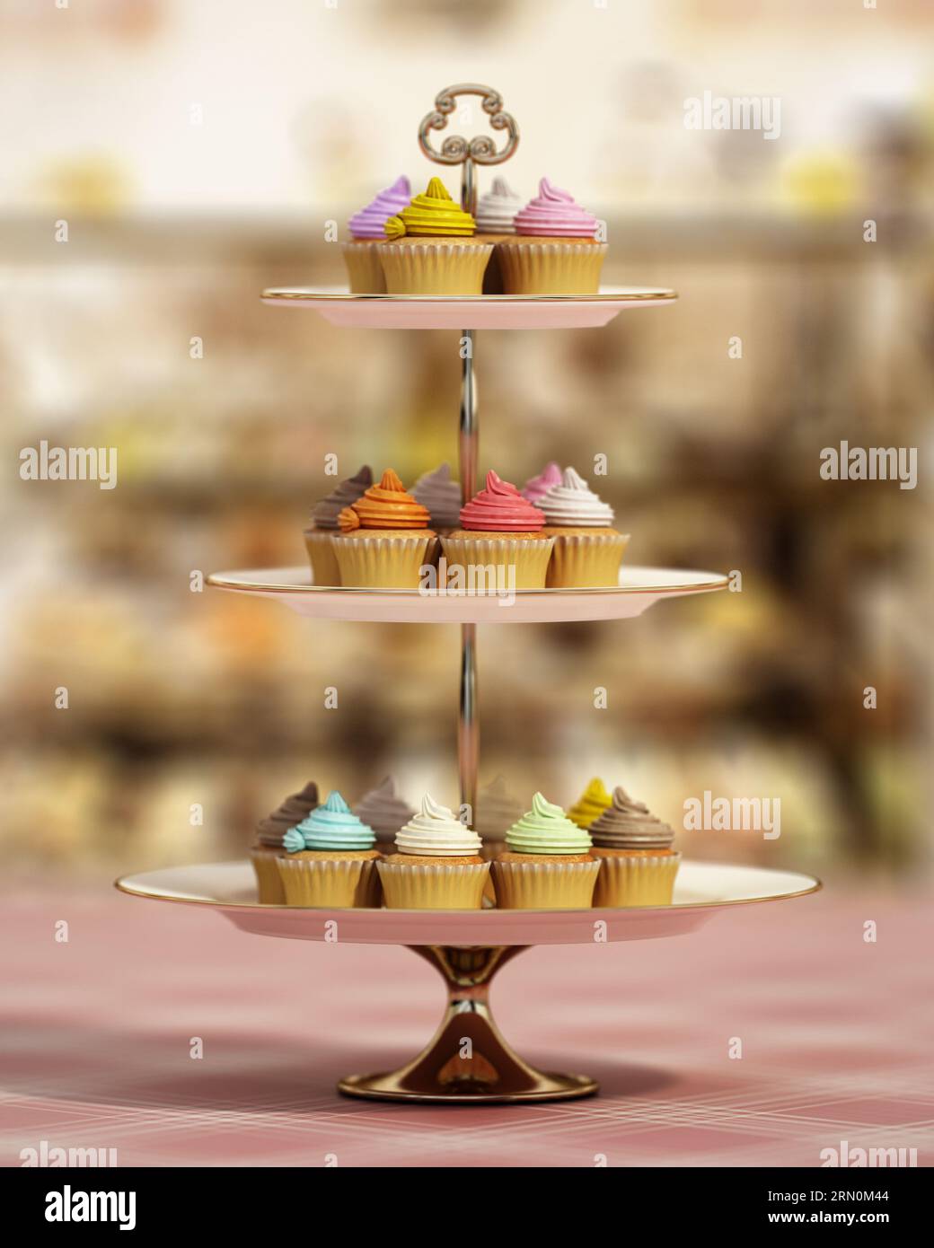 Cupcake plates on table cloth texture. 3D illustration Stock Photo - Alamy