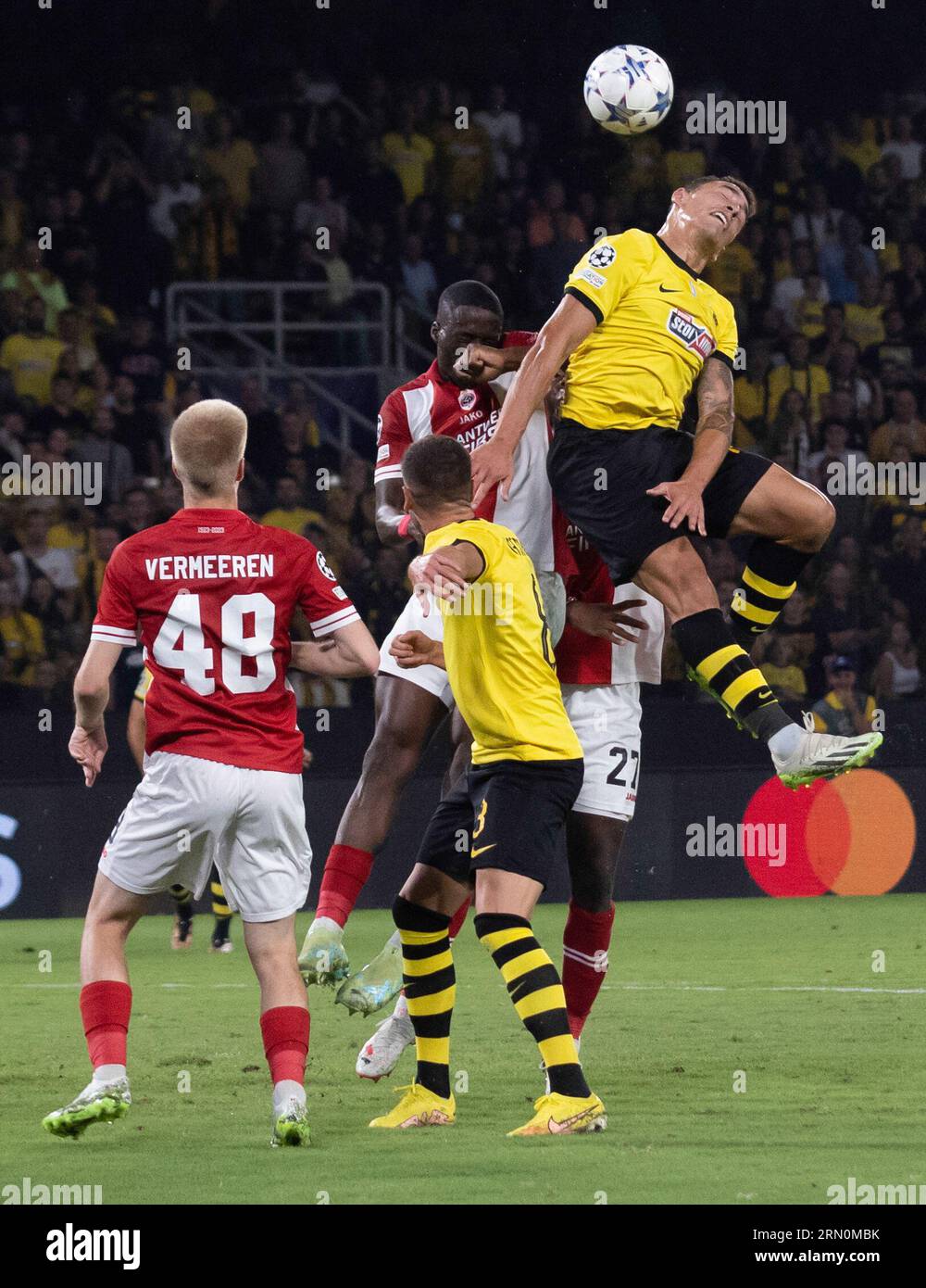 Athens, Greece. 30th Aug, 2023. Ezequiel Ponce (top) of AEK Athens ...