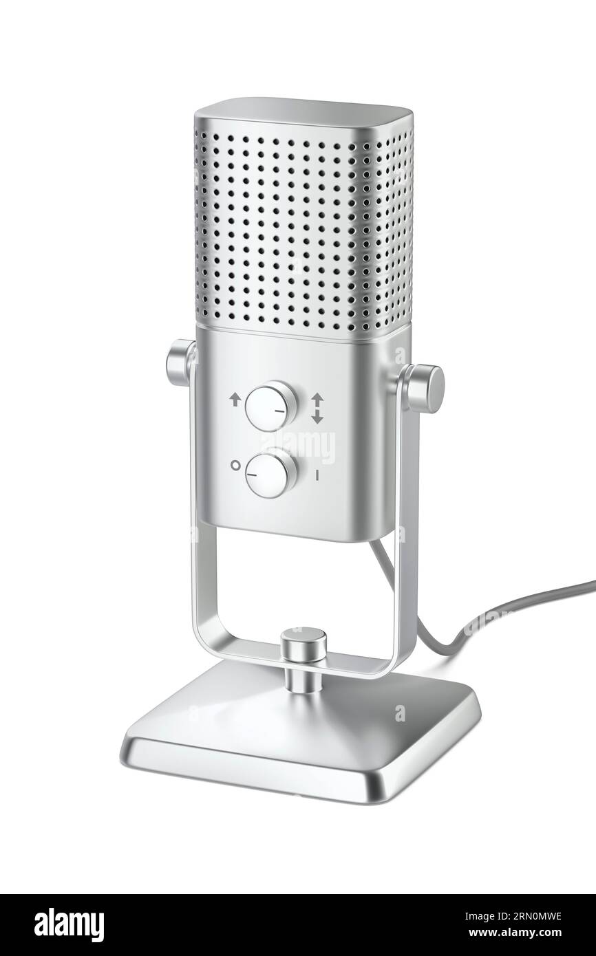 Silver microphone on white background Stock Photo - Alamy
