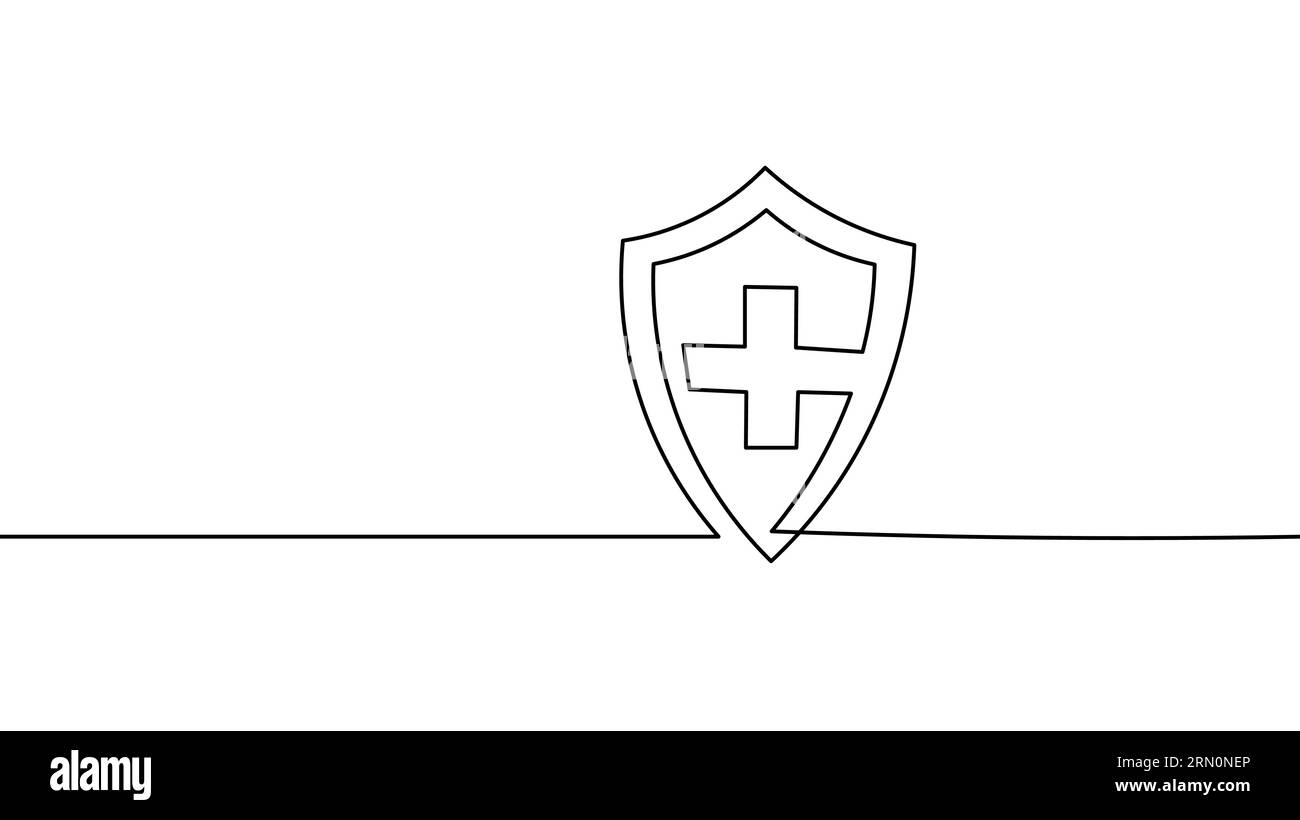 Medicine cross on shield single continuous line art. Health care World ...