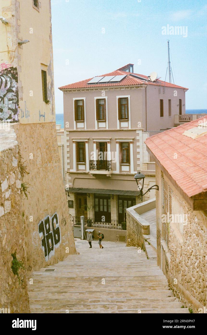 A view of a greek small town street in Chania, Crete from atop of a ...