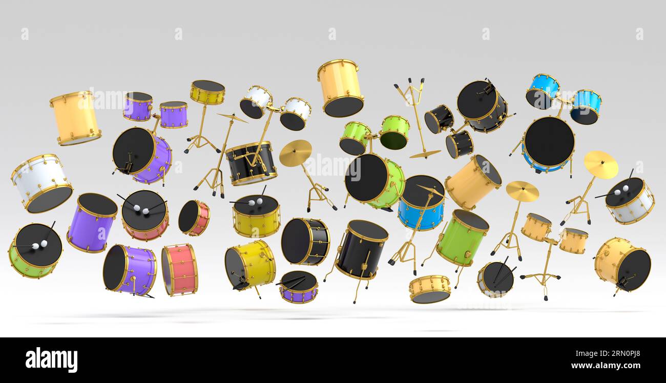 Many of flying drums with metal cymbals on white background. 3d render ...