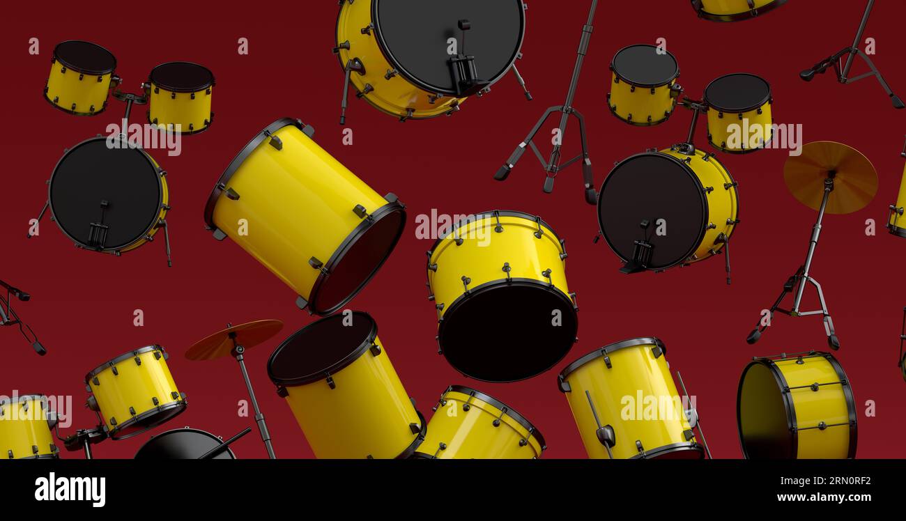 Many of flying drums with metal cymbals on red background. 3d render ...