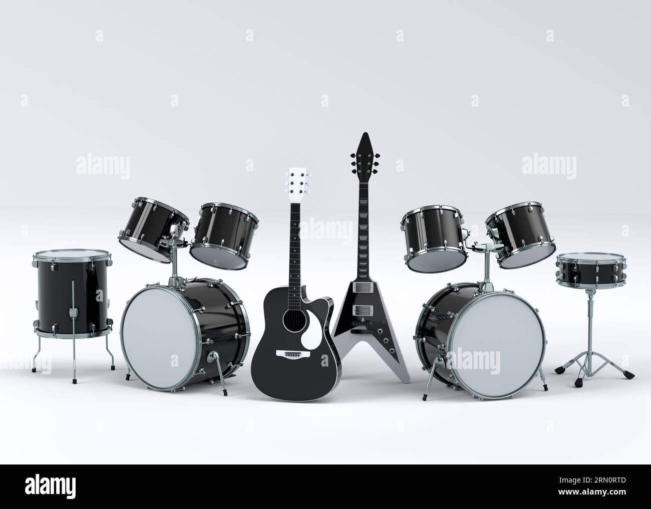Set of electric acoustic guitars and drums with metal cymbals on white ...