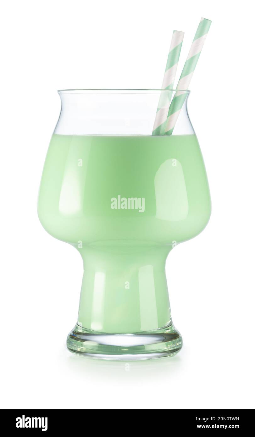 Glass of mint milk shake with two paper drinking straws isolated on ...