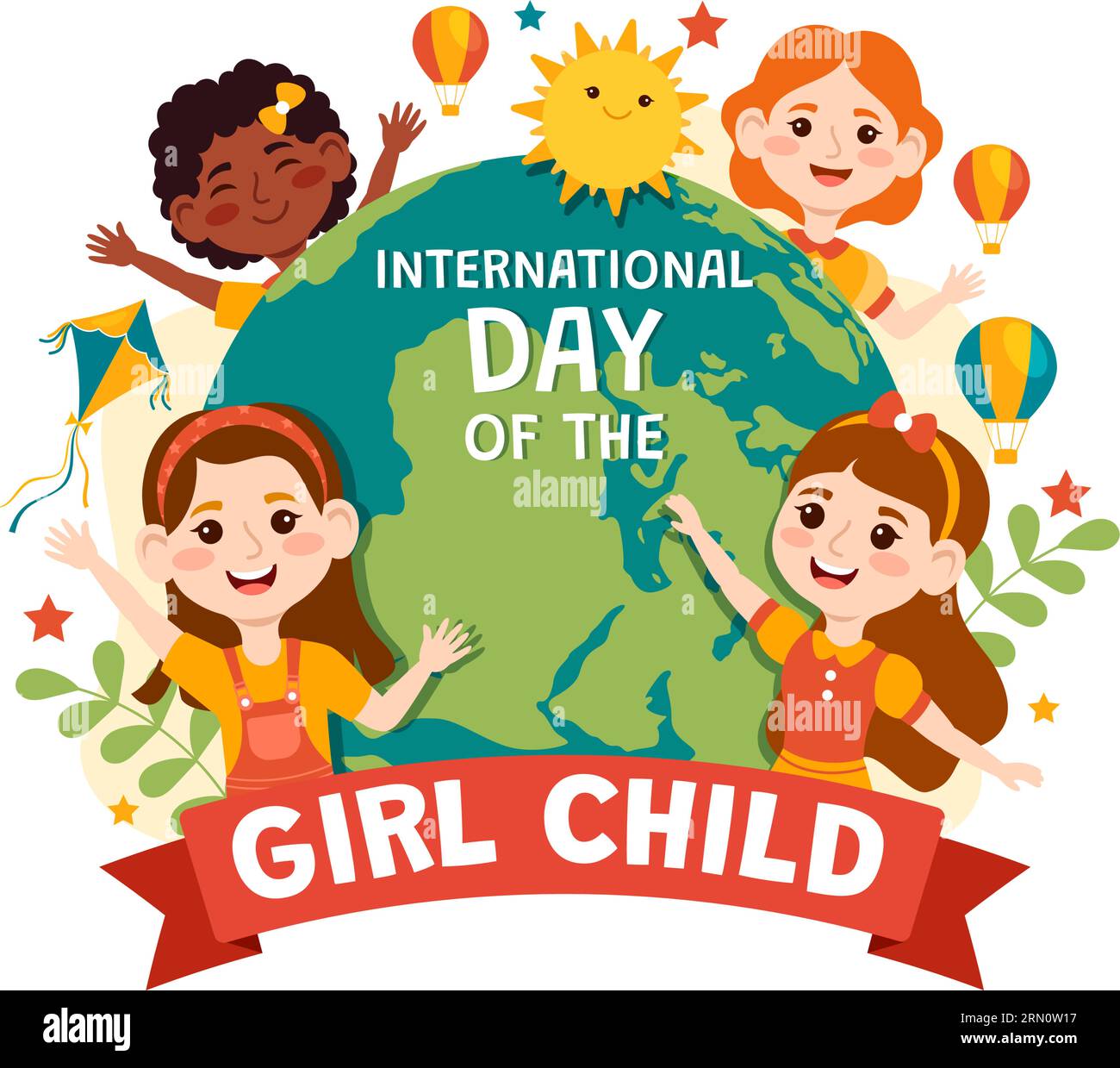 International Day of the Girl Child Vector Illustration with Little ...