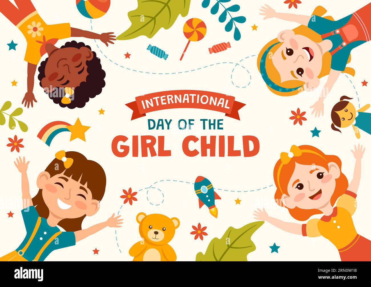 International Day of the Girl Child Vector Illustration with Little ...