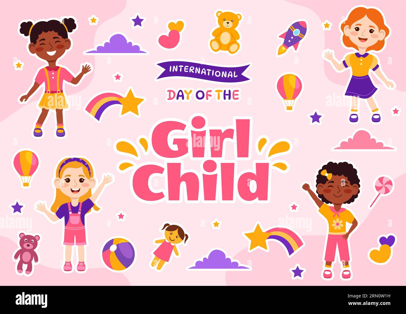International Day of the Girl Child Vector Illustration with Little ...