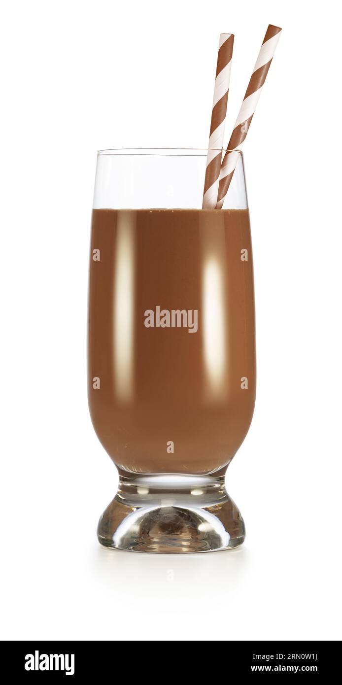 Glass Of Chocolate Milk Or Chocolaty Protein Shake With Drinking Straws