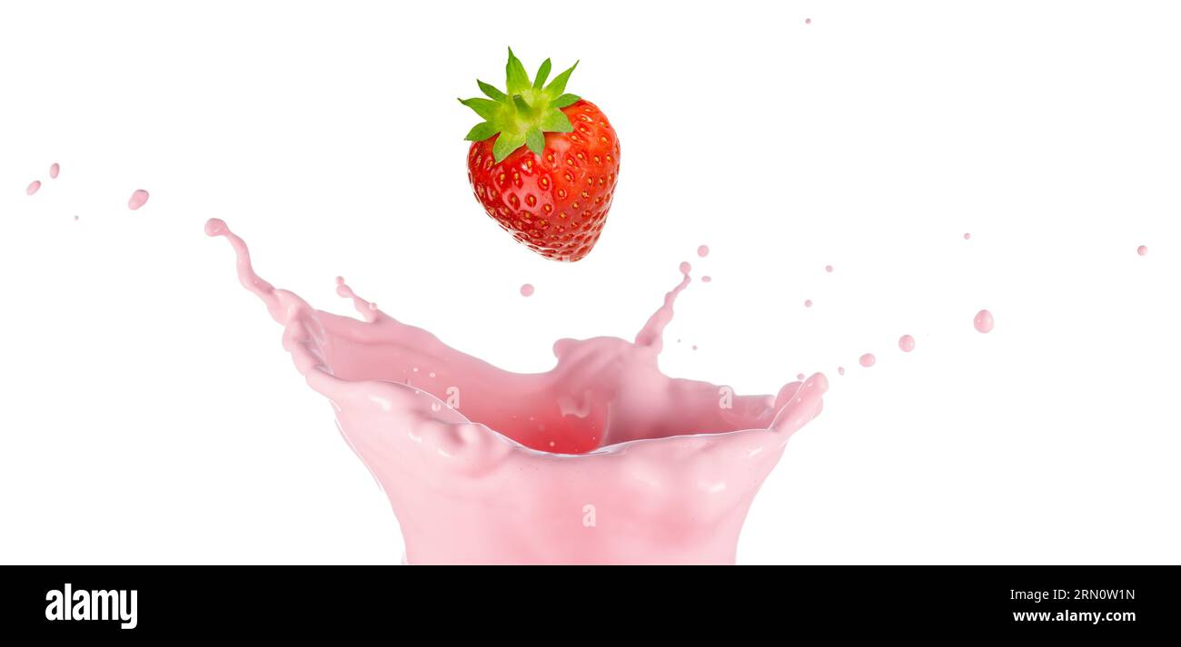 Strawberry falling into a milky pink splash isolated on white ...