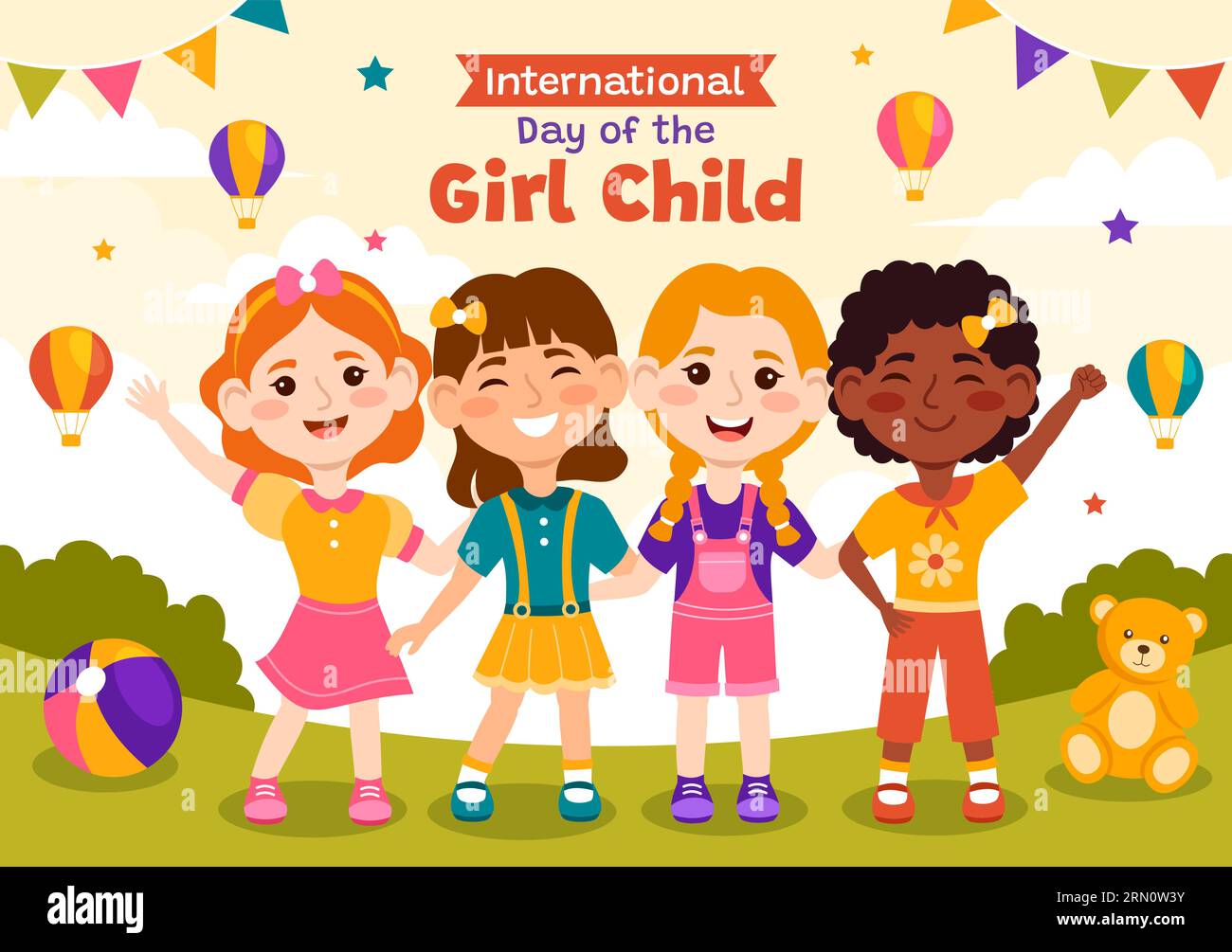 International Day of the Girl Child Vector Illustration with Little ...