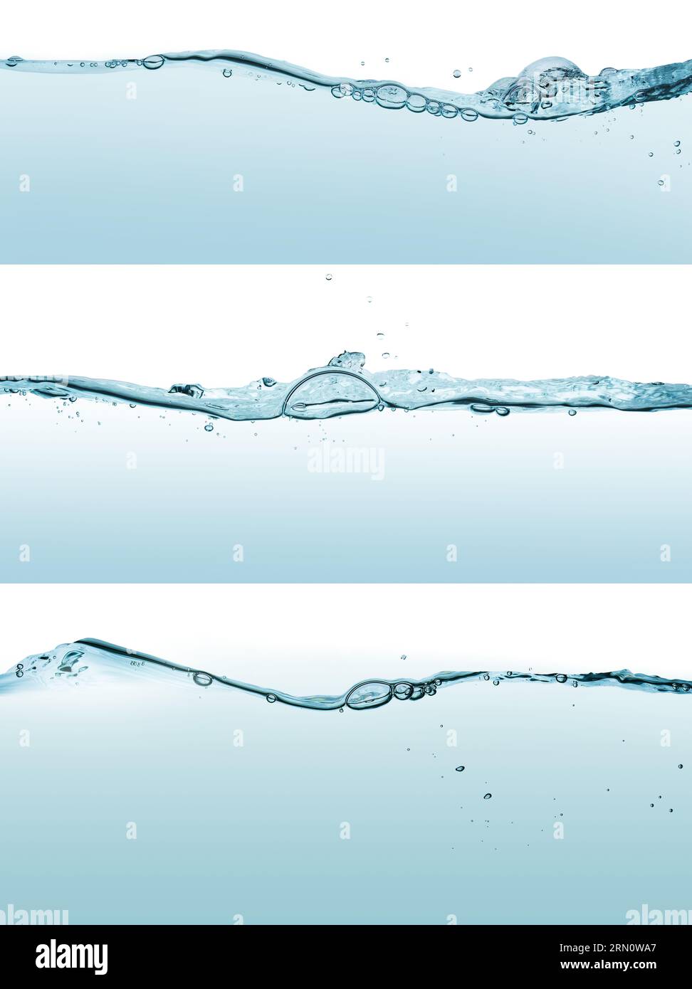 Blue water rippled waves surface with bubbles of air. Set of authentic ...