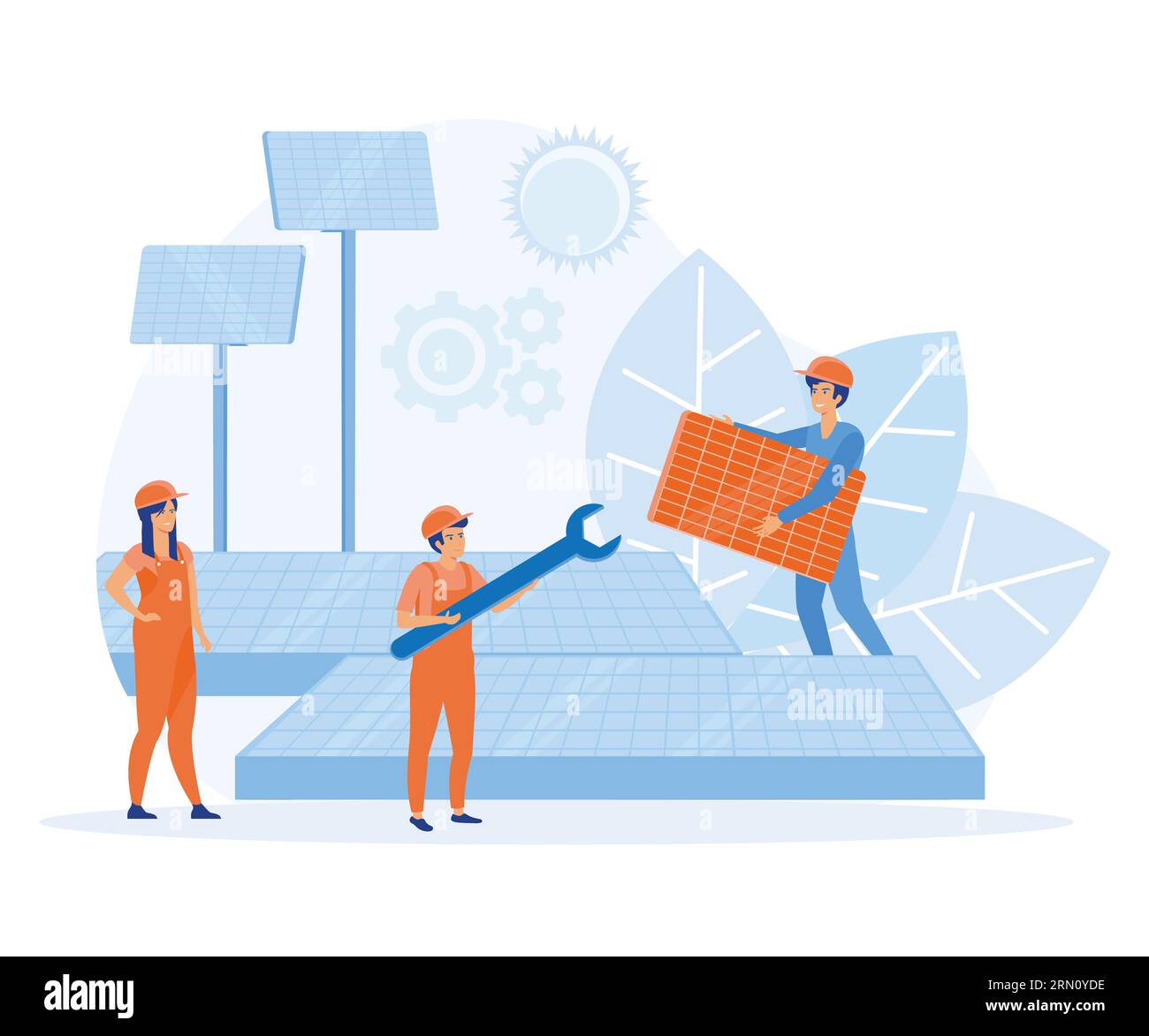 Solar energy panels system concept. Installing solar modules. Field service technicians, flat ...
