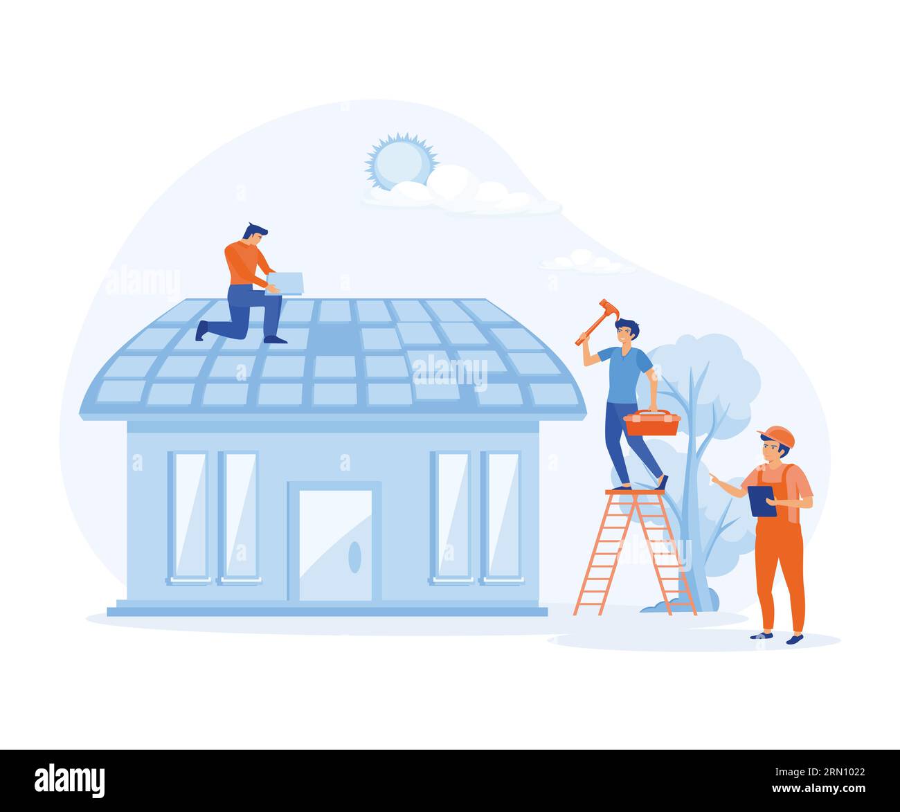 house improvement concept. Workers repairing roof. Constructor group ...