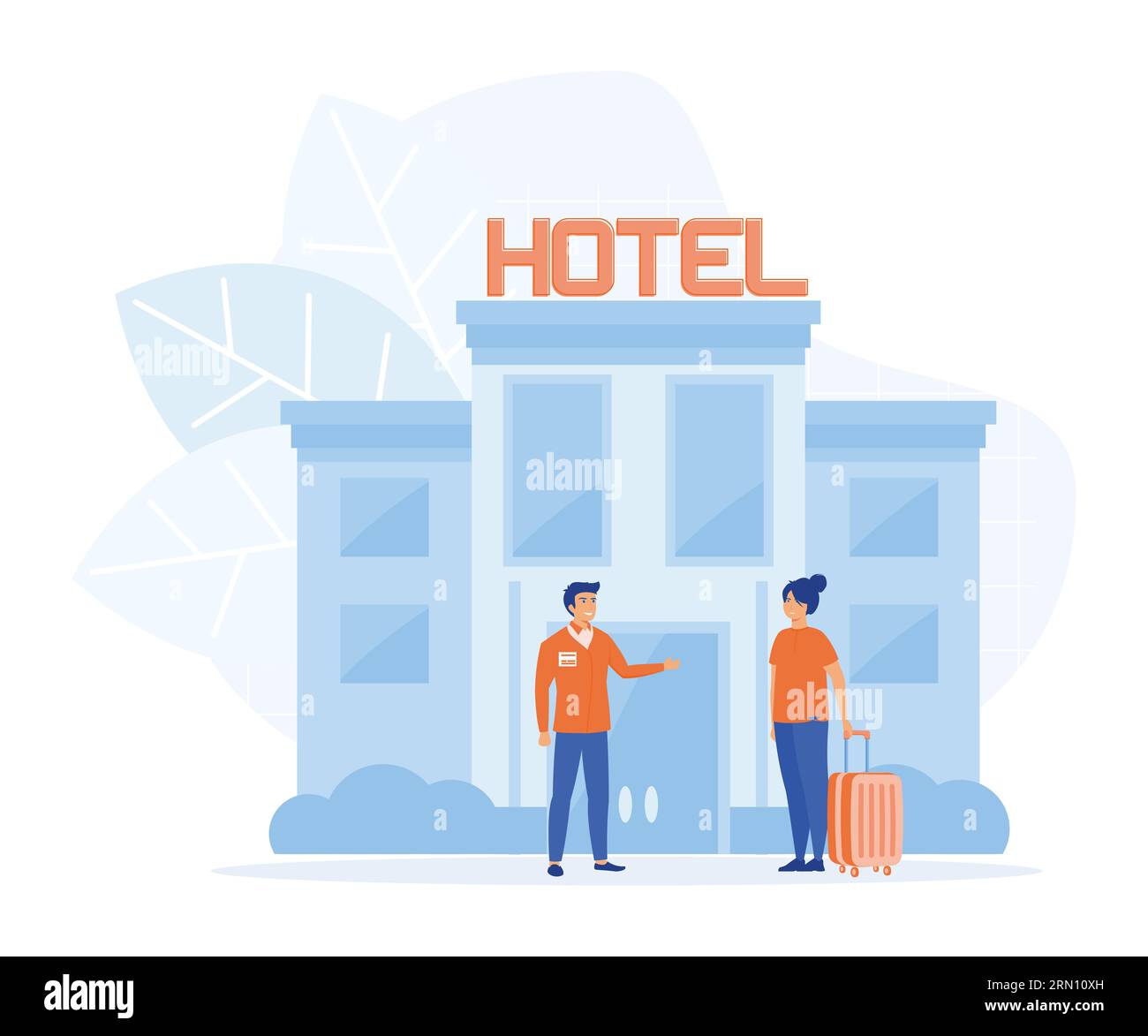 Hotel service concept. Smiling doorman welcoming guest, flat vector ...
