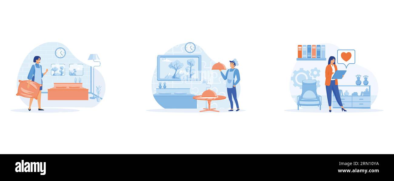 Hotel jobs concept, cleaning lady, room service, hotel management, set ...